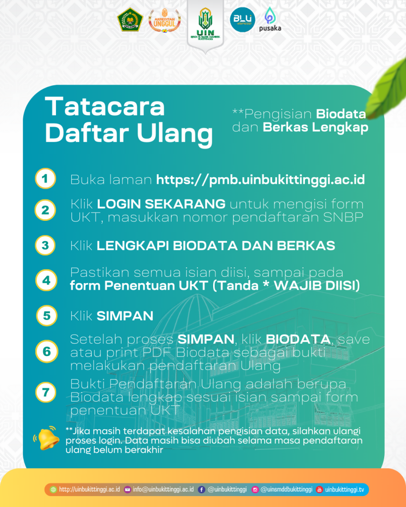 Daftar Ulang Jalur SNBP Tahun 2025 UIN Bukittinggi, Jadwal dan Dokumen Daftar Ulang - UIN Sjech ...