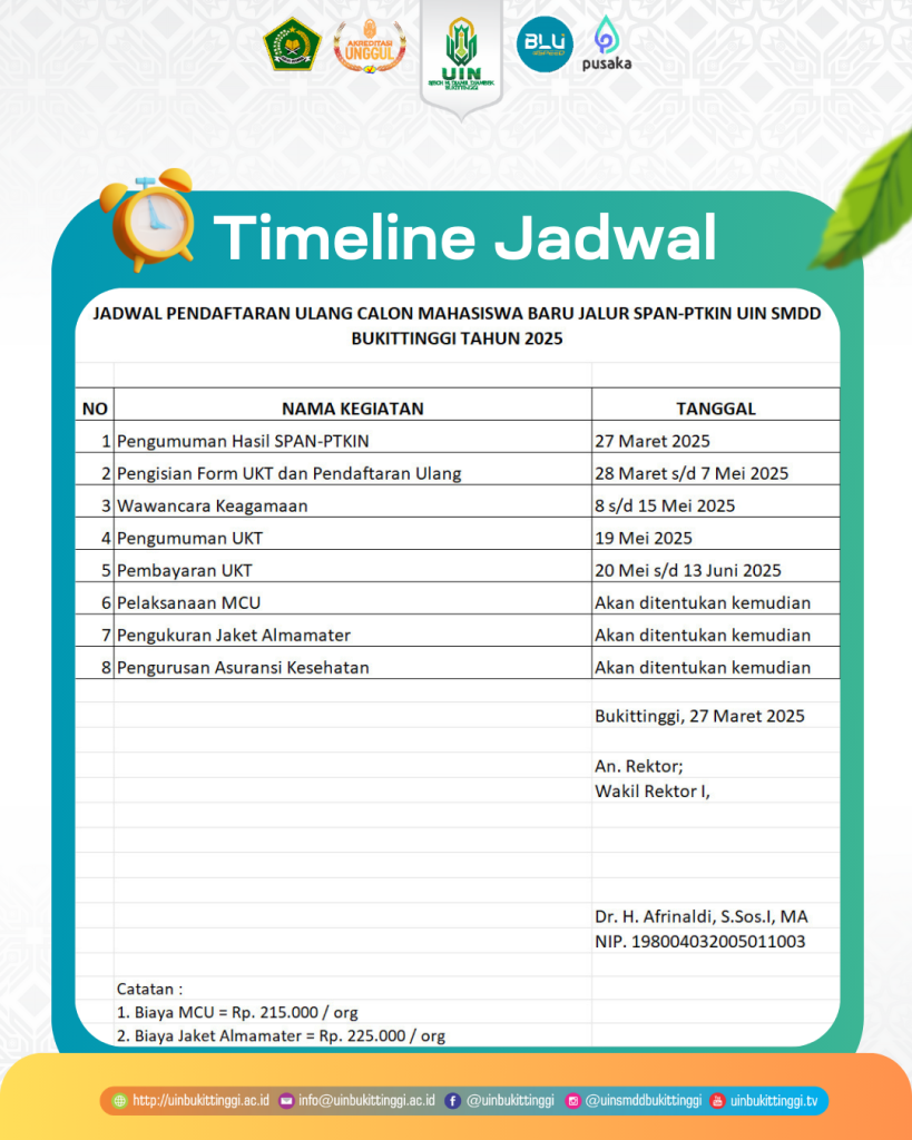 Daftar Ulang Jalur SPAN PTKIN Tahun 2025 UIN Bukittinggi, Jadwal dan Dokumen Daftar Ulang - UIN ...