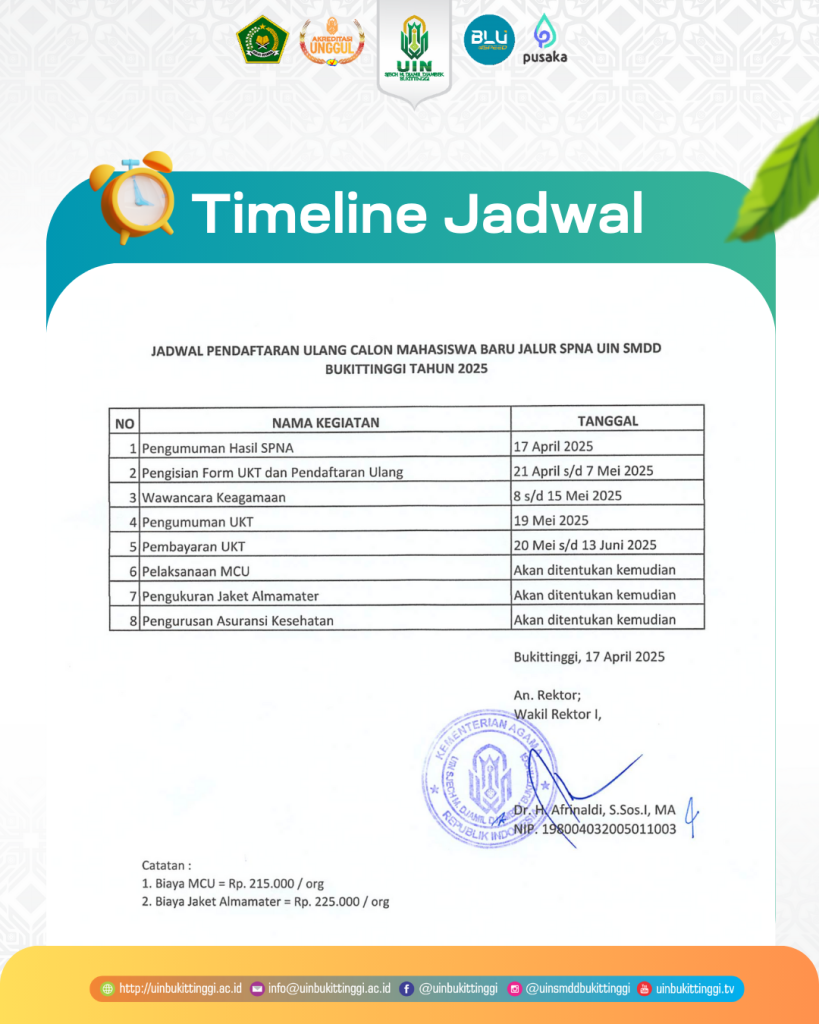 Daftar Ulang Jalur SPNA Tahun 2025 UIN Bukittinggi, Jadwal, Tatacara dan Dokumen Daftar Ulang ...