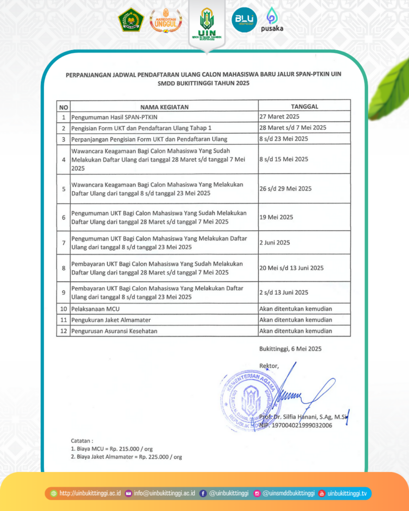 Perpanjangan Pendaftaran Ulang Jalur SPAN PTKIN Tahun 2025 - UIN Sjech M. Djamil Djambek Bukittinggi