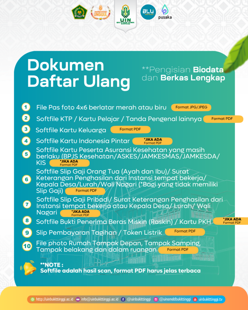 Daftar Ulang Jalur UM-PTKIN Tahun 2025 UIN Bukittinggi, Jadwal, Tatacara dan Dokumen Daftar ...