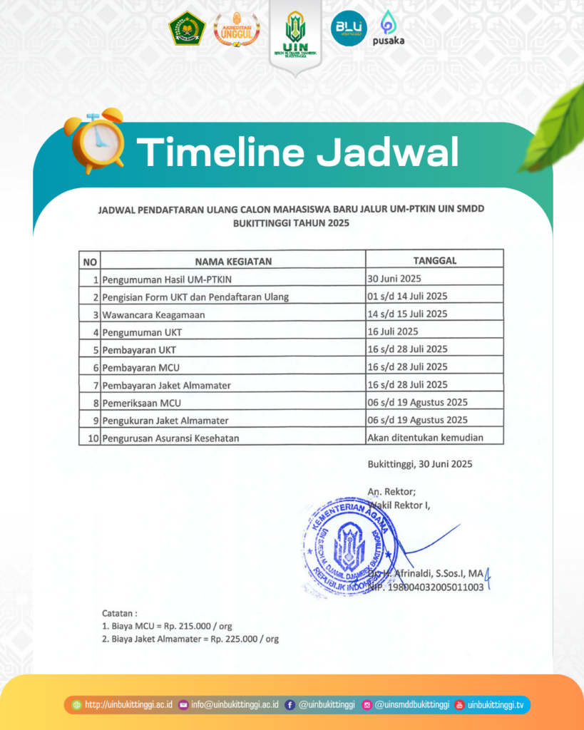 Daftar Ulang Jalur UM-PTKIN Tahun 2025 UIN Bukittinggi, Jadwal, Tatacara dan Dokumen Daftar ...