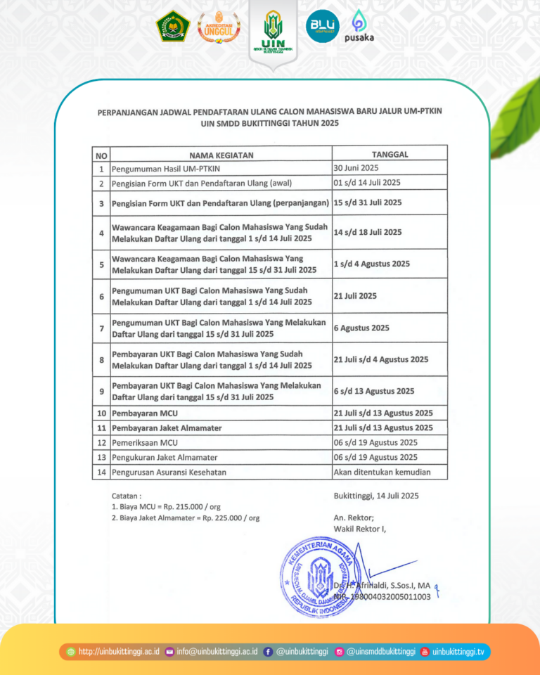 Perpanjangan Daftar Ulang Jalur UM-PTKIN Tahun 2025 UIN Bukittinggi, Jadwal, Tatacara dan ...