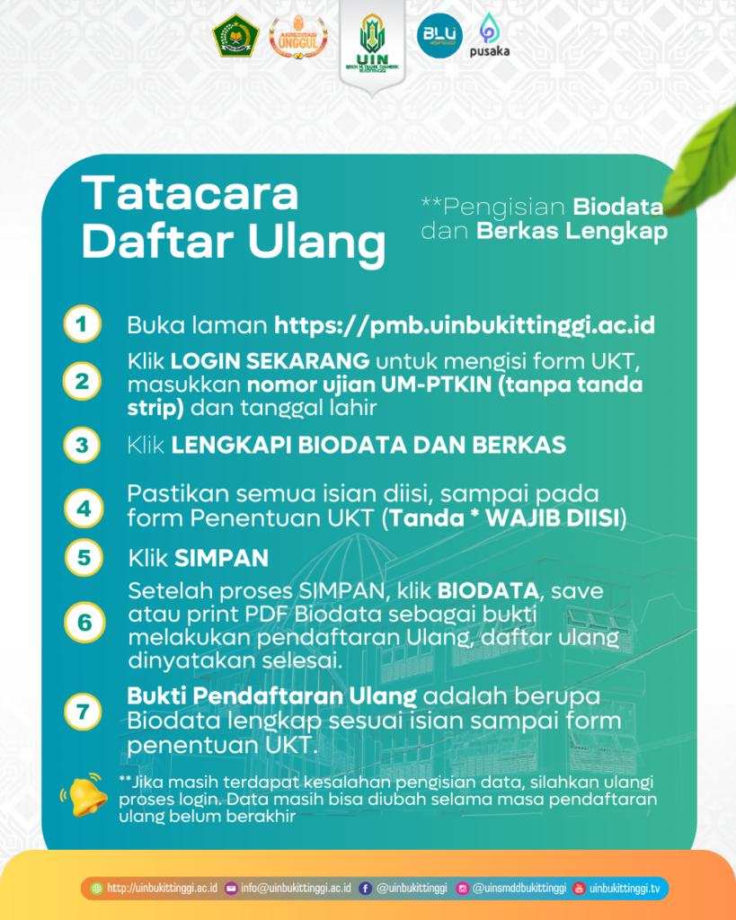 Perpanjangan Daftar Ulang Jalur UM-PTKIN Tahun 2025 UIN Bukittinggi, Jadwal, Tatacara dan ...